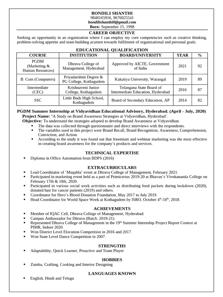 B. Shanthi's Resume ! | PDF