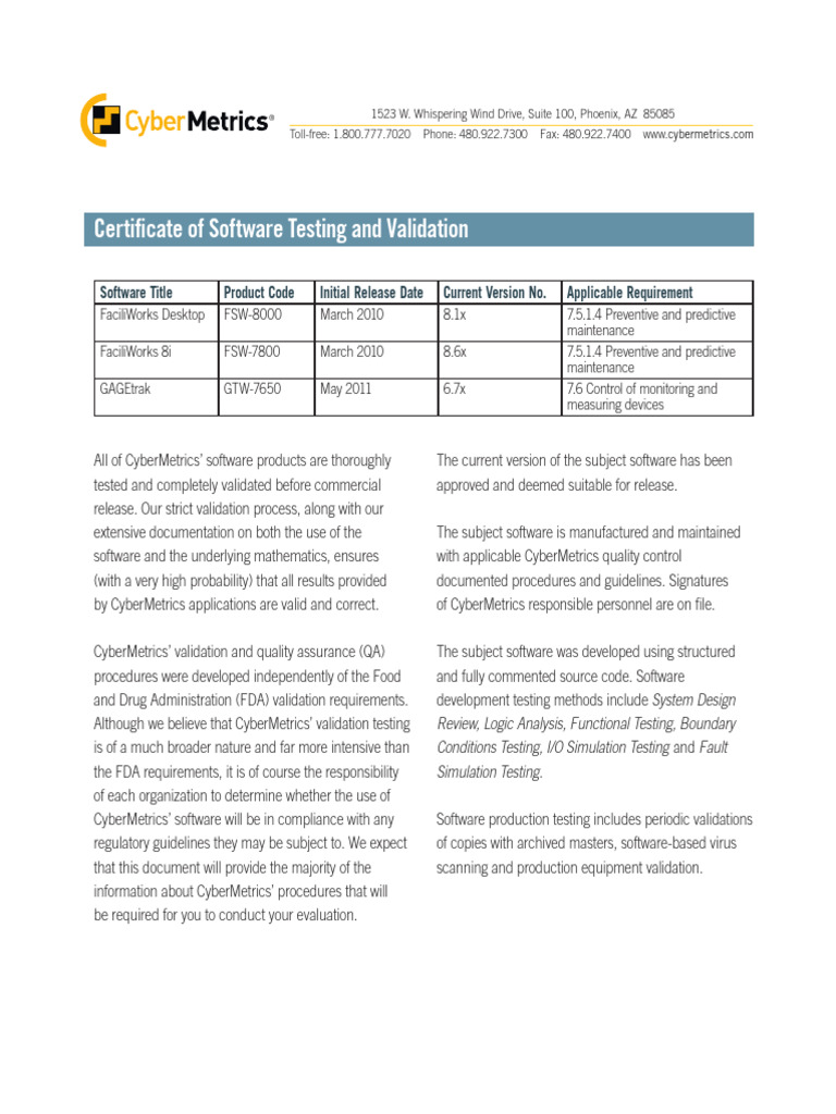 CyberMetrics Certificate of Software Testing and Validation | PDF