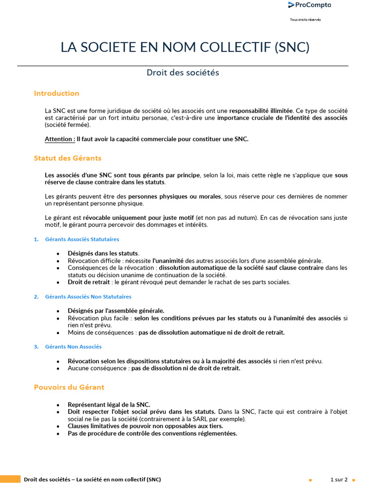 La Societe en Nom Collectif (SNC) : Droit Des Sociétés | PDF