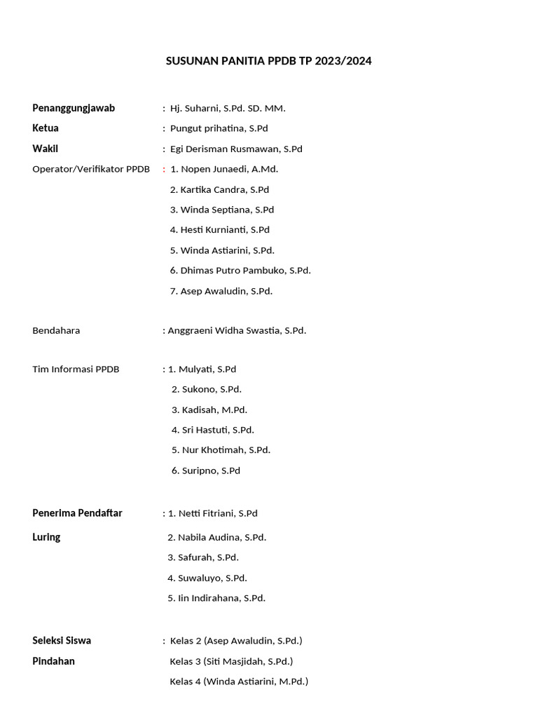 Susunan Panitia PPDB TP 2023-2024 | PDF