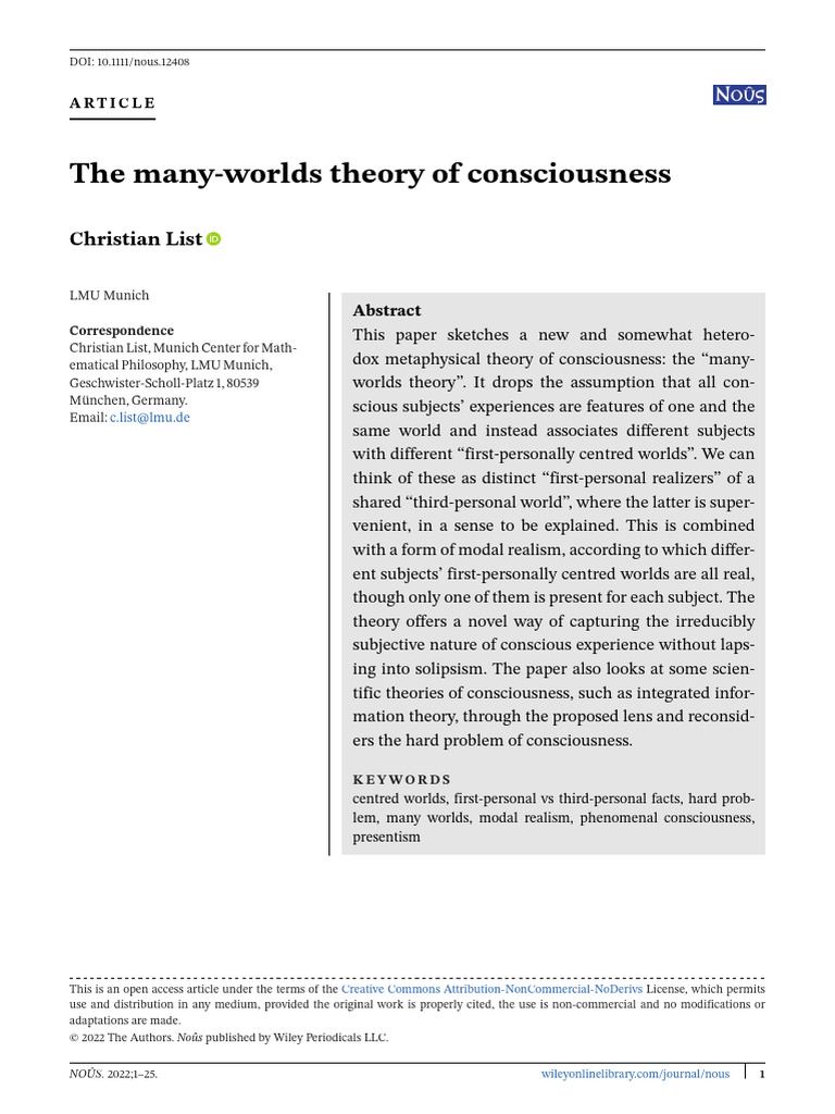 Nous - 2022 - List - The Many Worlds Theory of Consciousness | PDF Nous - 2022 - List - The Many Worlds Theory of Consciousness | PDF