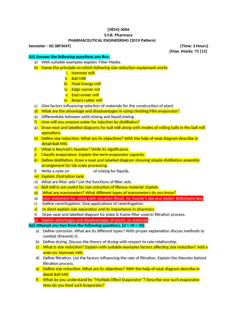 2sem Pharmaceutical Engineering Question Bank | PDF