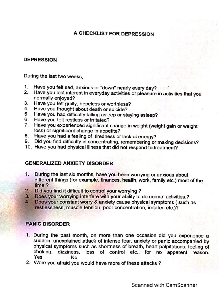 Checklist For Depression | PDF