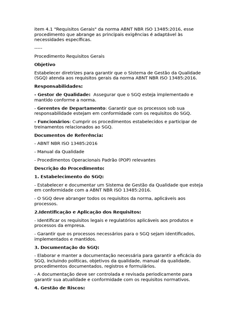 POP - item 4-1 Requisitos Gerais da norma ABNT NBR ISO 13485 | PDF