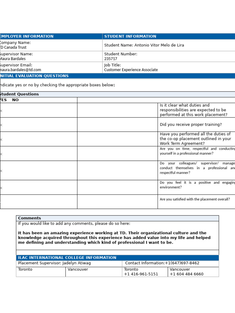 Initial Evaluation (Student) | PDF
