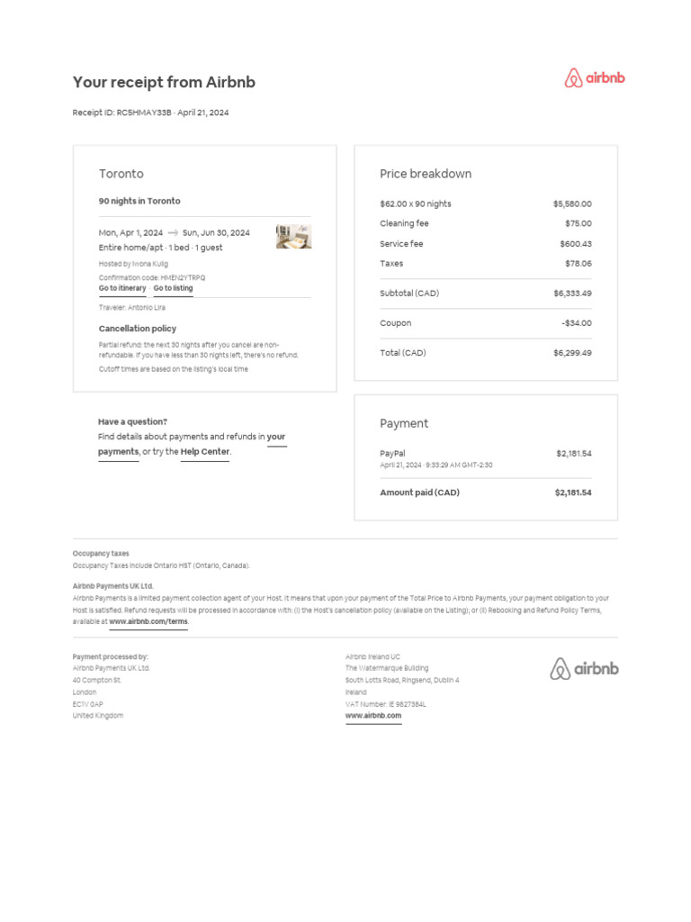 Air BNB Receipt | PDF