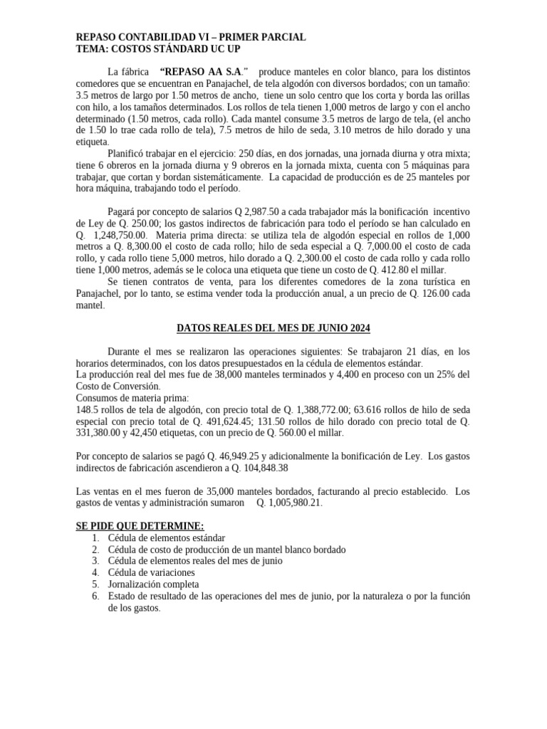 Costos STD Uc Up Repaso Aa, S.A. Enunciado | PDF