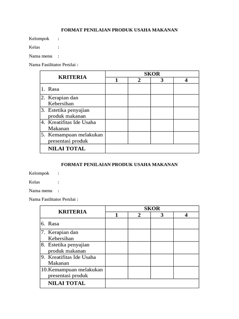 FORMAT PENILAIAN PRODUK USAHA MAKANAN | PDF