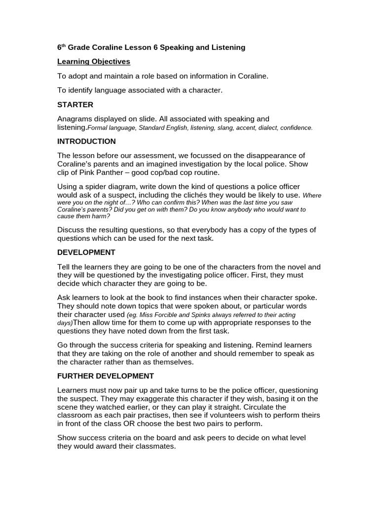 6th Grade Coraline Lesson 6 Speaking and Listening | PDF