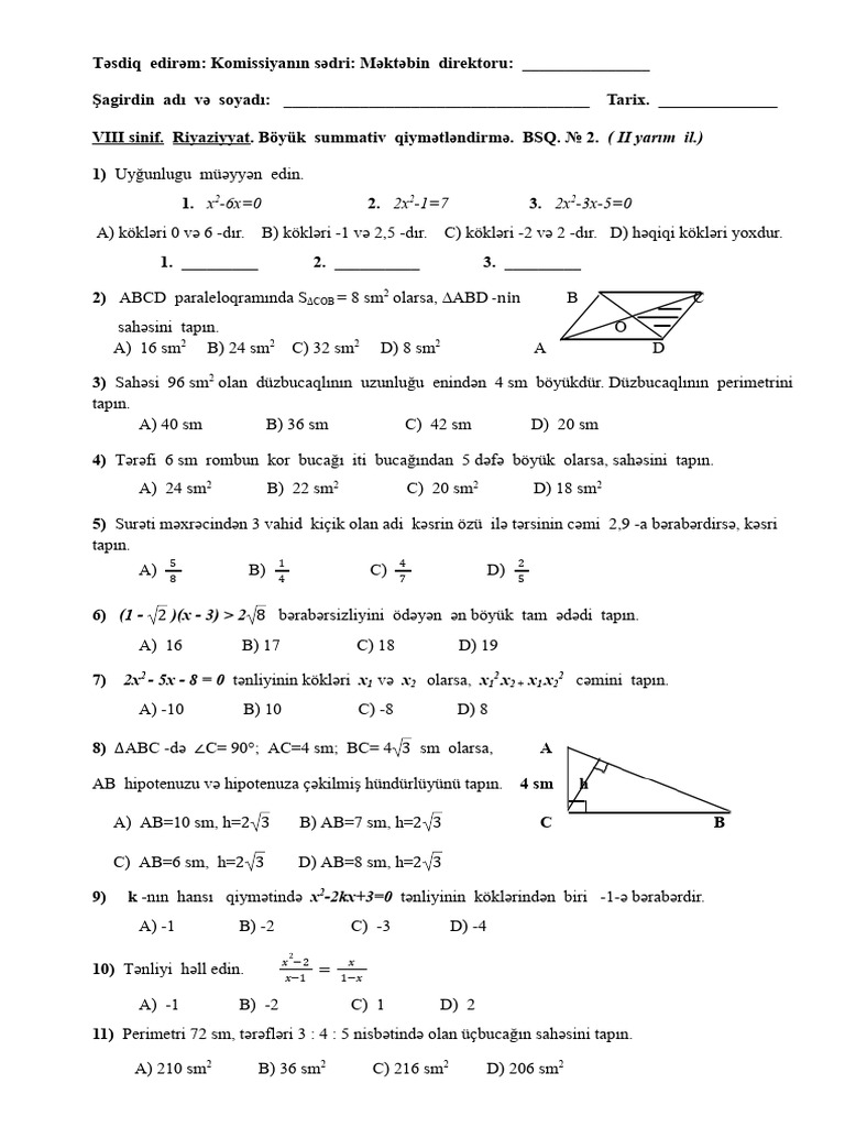 8 Sinif Riyaziyyat BSQ - 2 | PDF