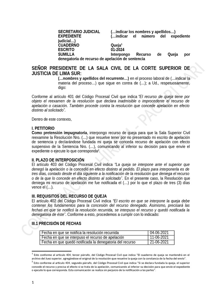 Modelo Recurso de Queja en Proceso Civil | PDF