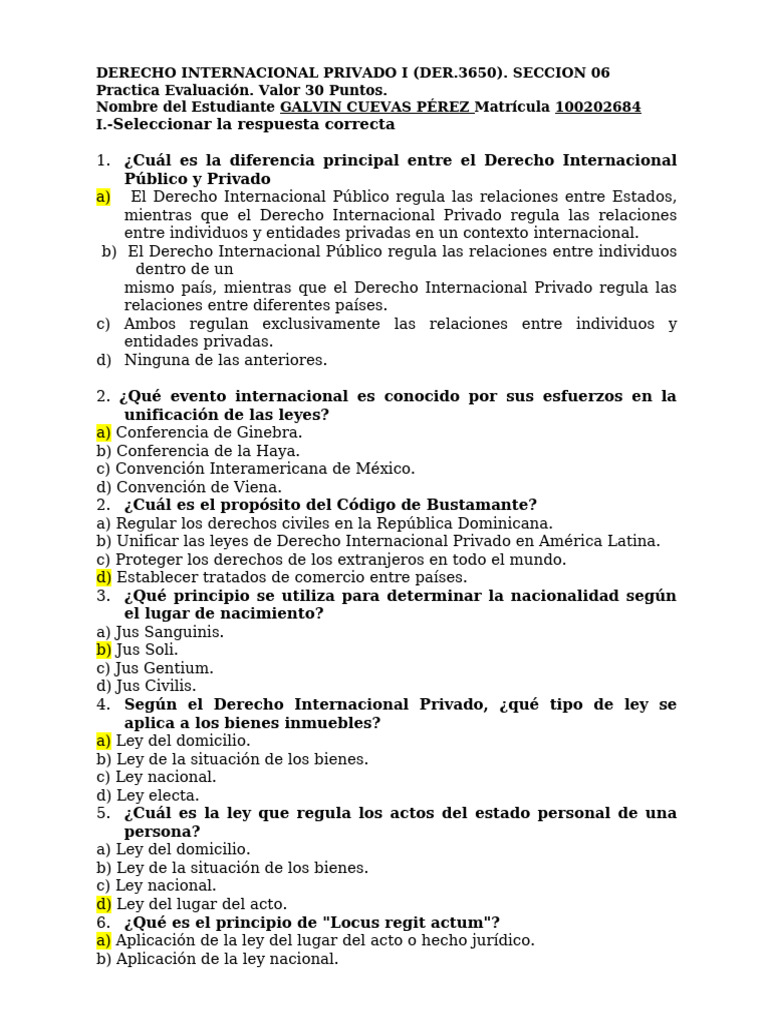 Evaluacion Derecho Internacional Privado I PDF Ley Internacional