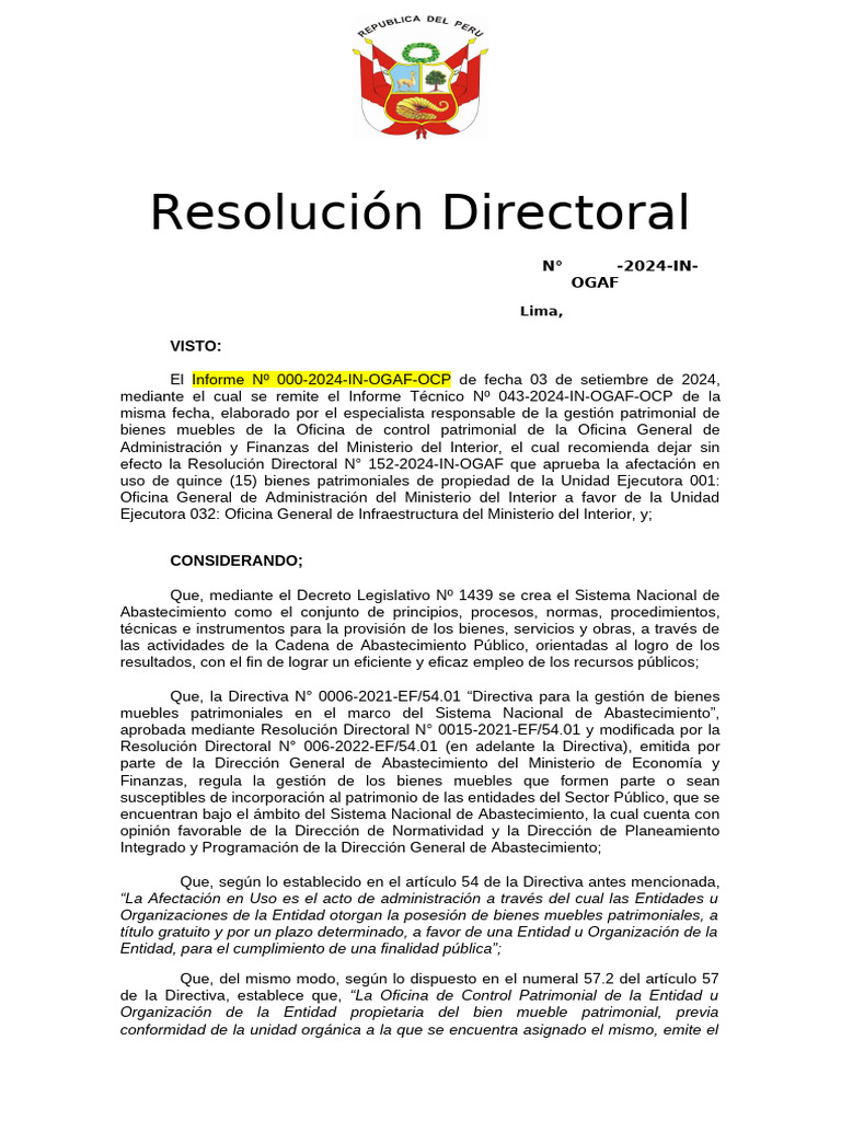 PROYECTO DE RESOLUCIÓN DIRECTORAL QUE DEJA SIN EFECTO LA RD #152-2024-IN-modificado | PDF ...