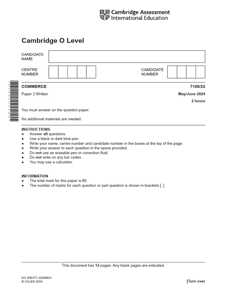 Cambridge O Level: COMMERCE 7100/23 | PDF