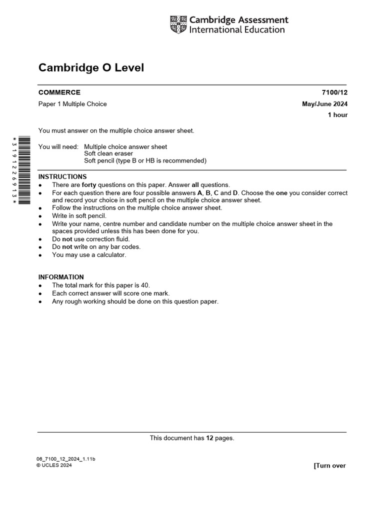 Cambridge O Level: Commerce 7100/12 | PDF