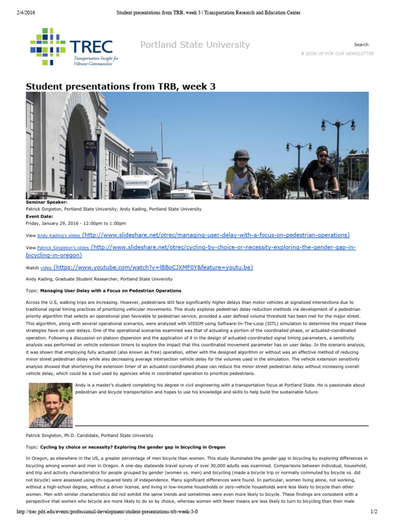 Student Presentations From TRB, Week 3 - Transportation Research and Education Center | PDF