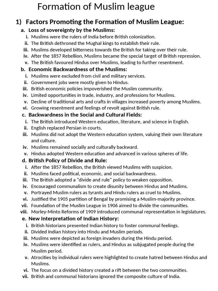 1) Factors Promoting The Formation of Muslim League | PDF
