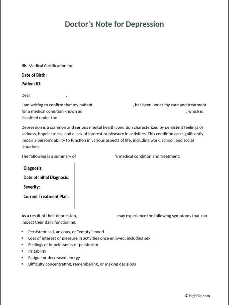 Doctor’s Note for Depression - Word | PDF
