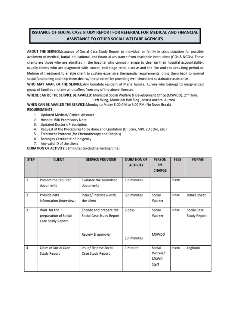 Issuance of Social Case Study Report For Referral For Medical and ...