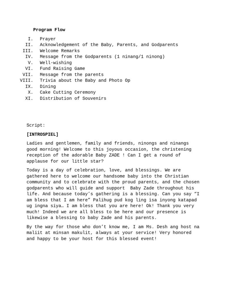 Christening Reception Program Hosting Script | PDF