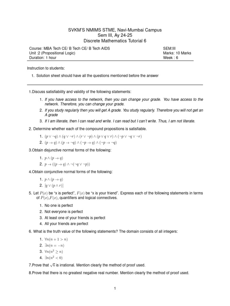Tutorial 6 - Logic - Proofs | PDF