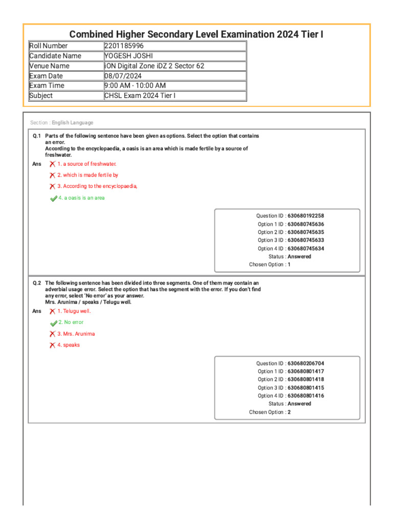 Ssc Chsl Answer Key Pdf