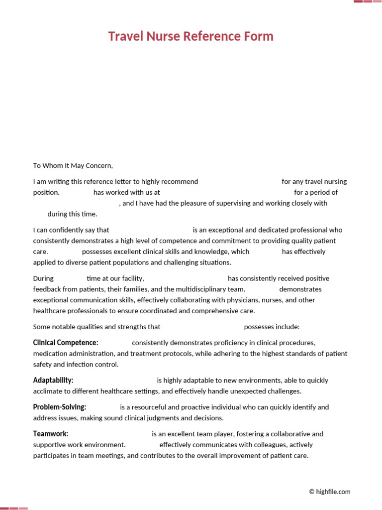 Travel Nurse Reference Form - Word | PDF
