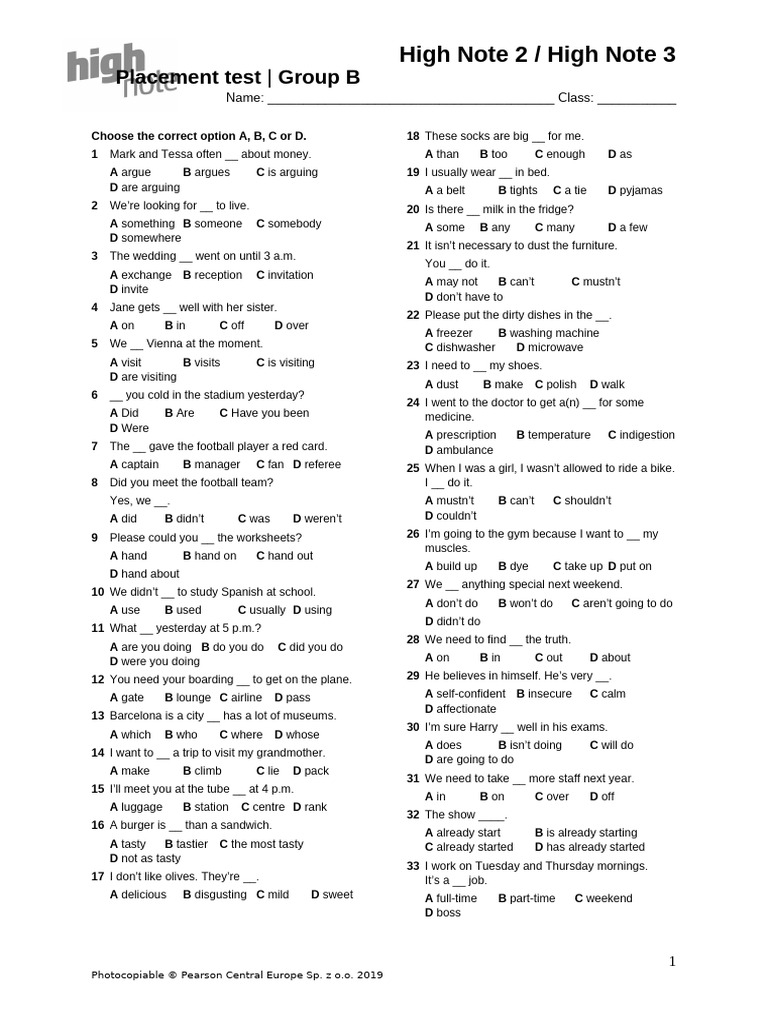 HighNote2 3 Placement Test B | PDF