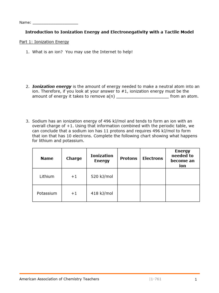 Activity Introtoionizationenergyelectronegativitytactilemodel Student | PDF