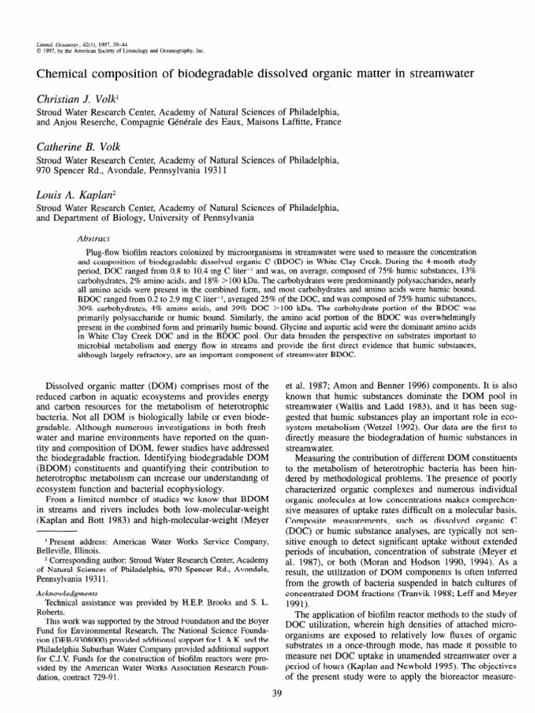 Limnology Oceanography - 2003 - Volk - Chemical Composition of Biodegradable Dissolved Organic ...