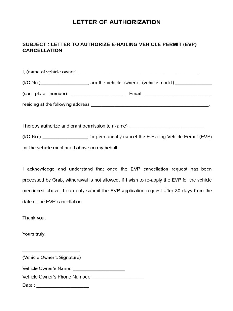 [FORM] Authorization Letter EVP Cancellation | PDF