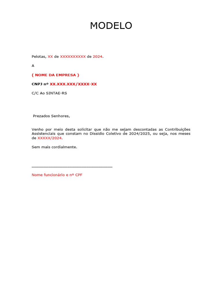 Carta Ao Sindicato - MODELO | PDF