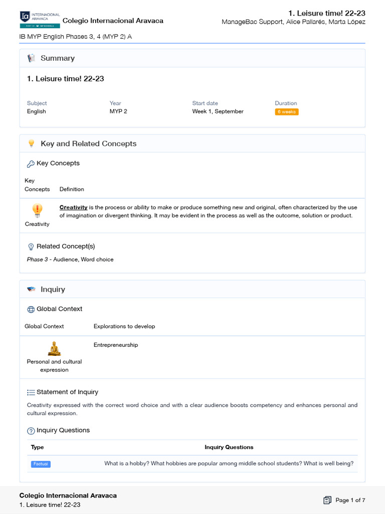 Planner 1. Leisure Time! 22-23 | PDF