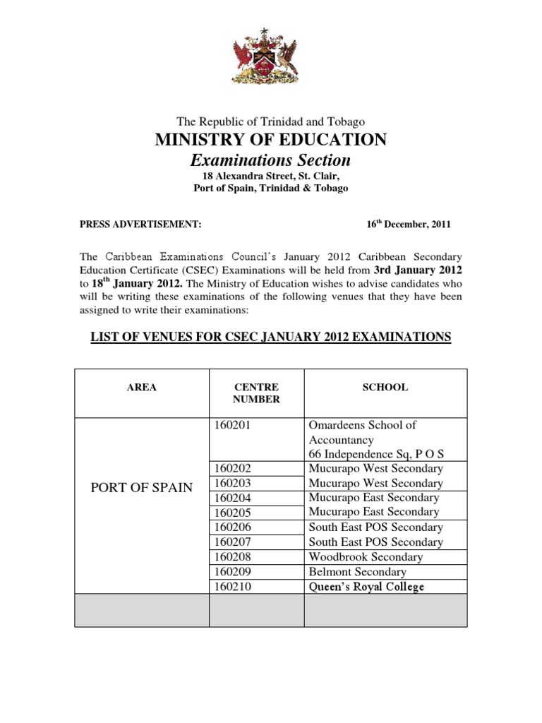 News Rel List of Venues For CSEC Jan 2012 Examinations | PDF ...
