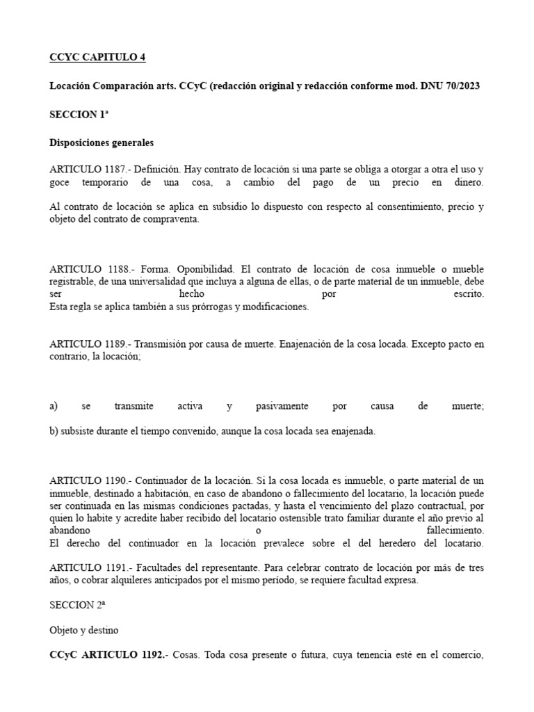 LOCACION y OTROS ARTS COMPARACION CCYC Y DNU 70 2023 | PDF