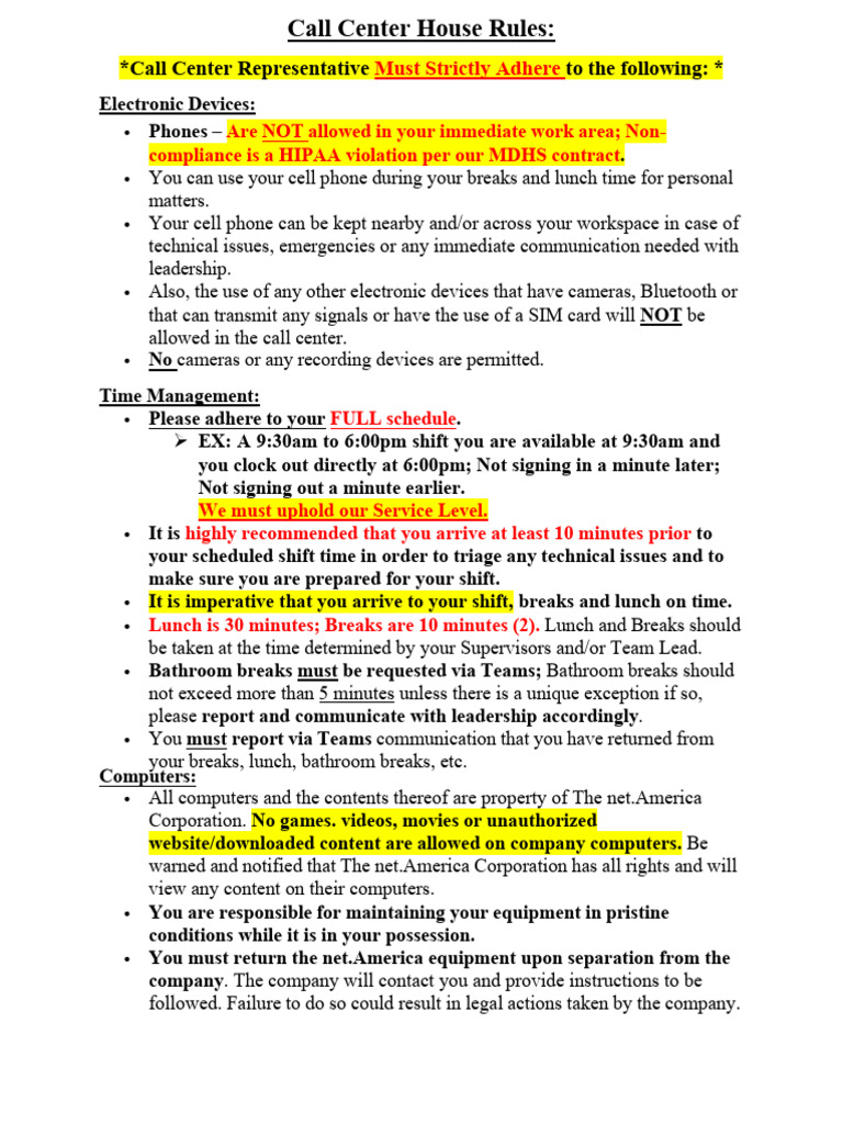 Call Center House Rules 2024 (1) | PDF