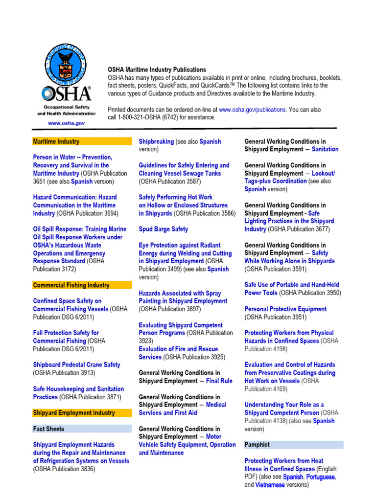 OSHA Maritime Publications List | PDF