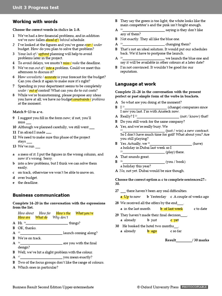 BR2e UppInt Unit3 Progress Test | PDF
