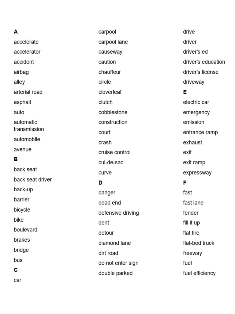 Driving Vocabulary | PDF