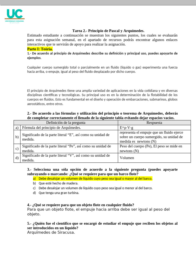 Tarea 2. - Principio de Pascal y Arquimedes | PDF