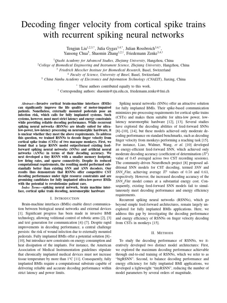 Decoding Finger Velocity From Cortical Spike Trains With Recurrent ...