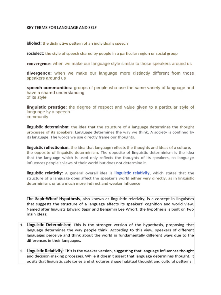 Key Terms and Theories For Language and Self A Level English Language ...