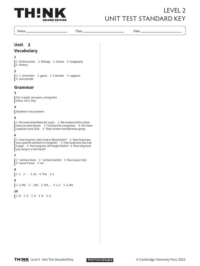 Thk2e BrE L2 Unit Test Standard Answer Key 2 | PDF