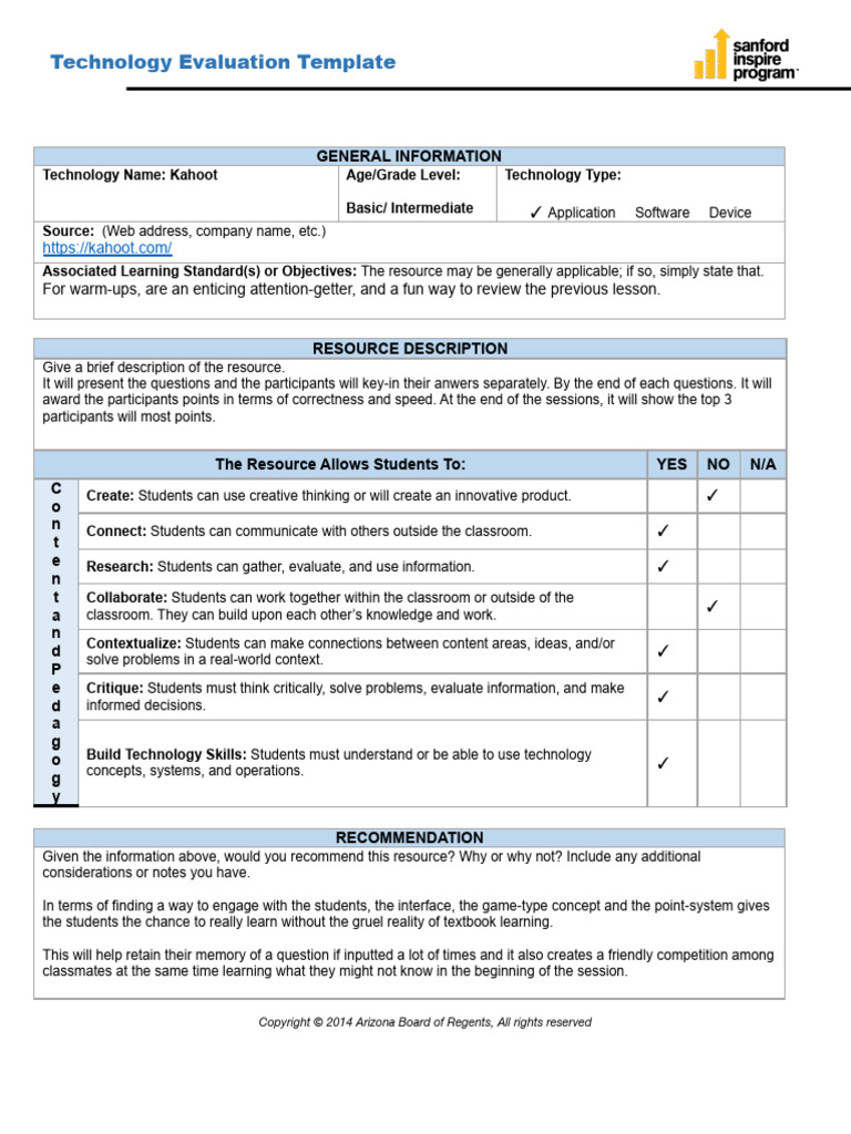 Technology Evaluation Form | PDF