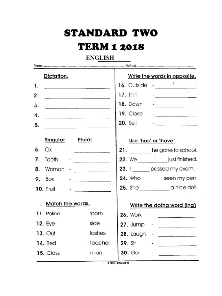 Term 1 English STD 2 End Term 1 Exam 2018 | PDF