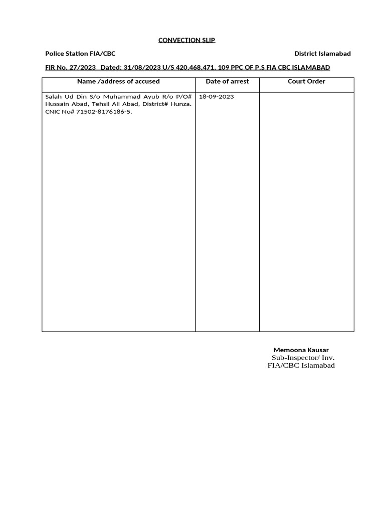 Delhi Police Conviction Slip Format | PDF