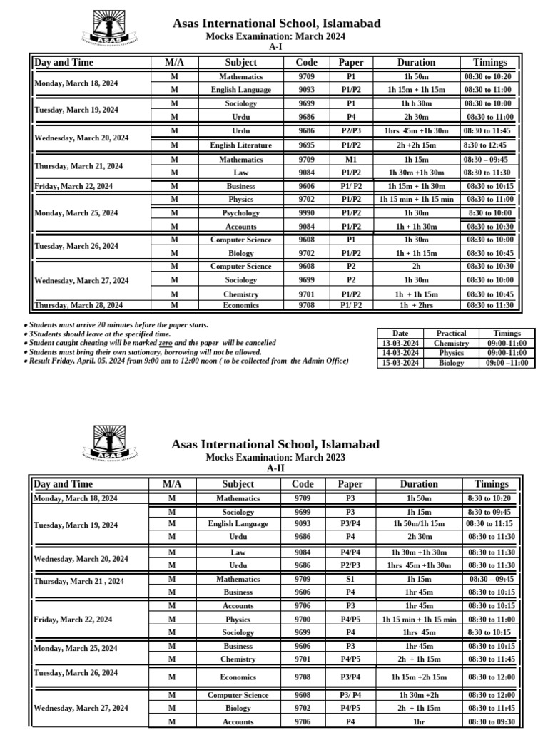 Mock Exam Date Sheet 2024. | PDF