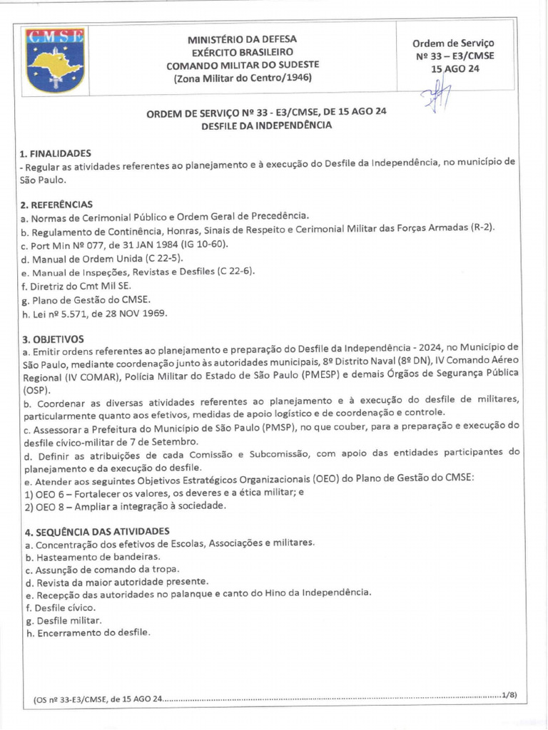 OS #33 - E3-CMSE, de 15 AGO 24 - Desfile Da Independência | PDF