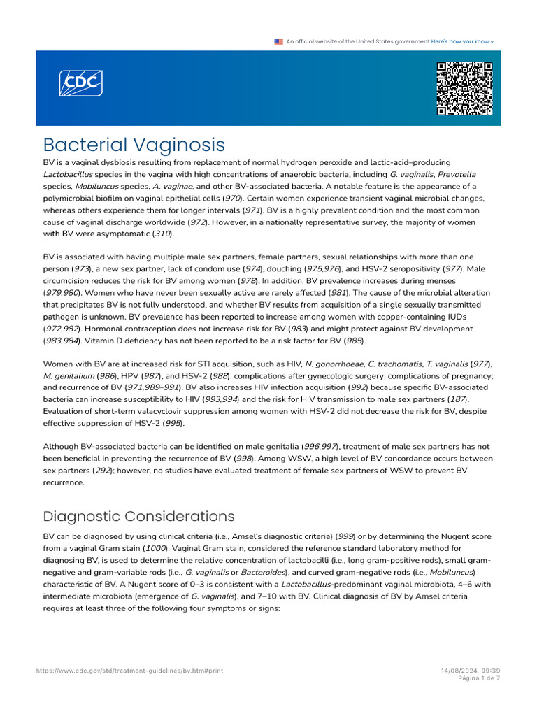Bacterial Vaginosis - STI Treatment Guidelines | PDF