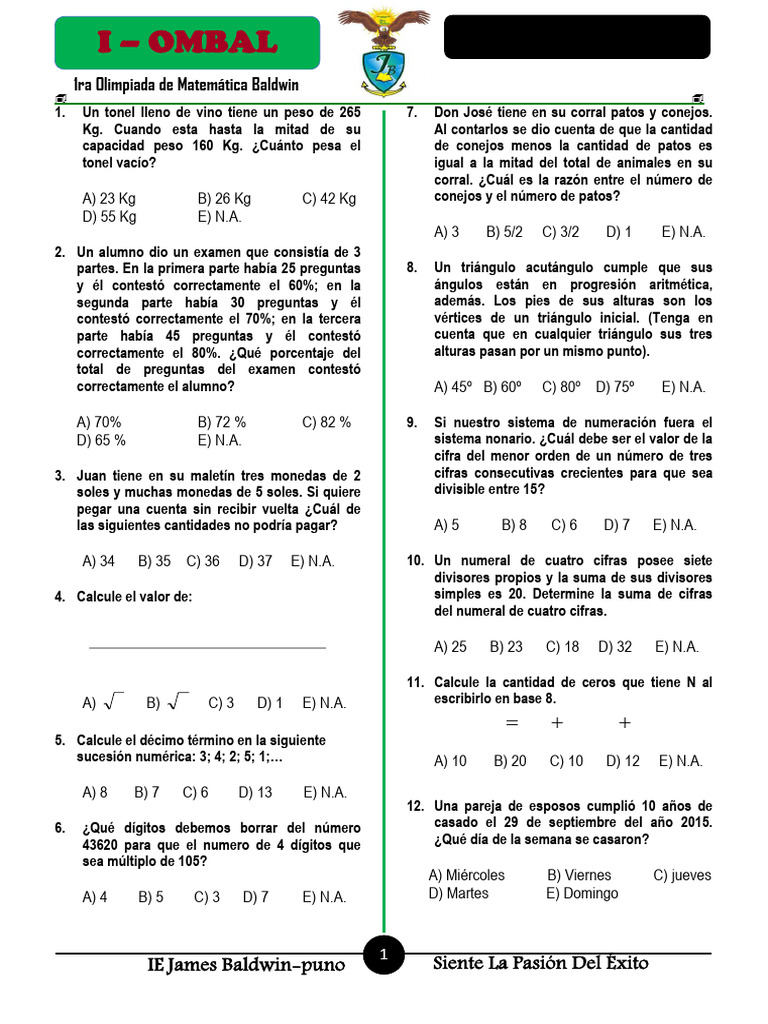5to de Secundaria Ombal 2016 | PDF | Aritmética | Matemáticas